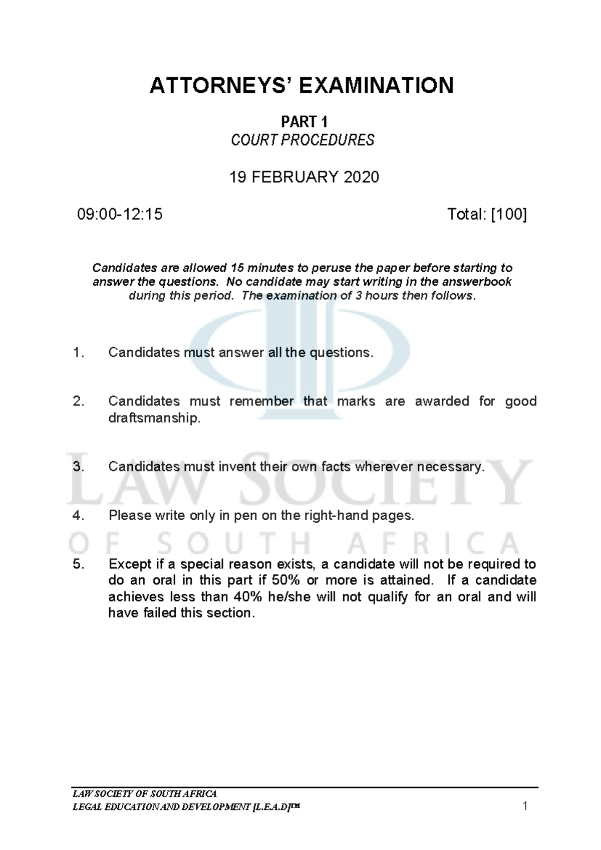 LAW SOCIETY OF SOUTH AFRICA EXAMINATION PART 1: COURT PROCEDURES - 19 ...