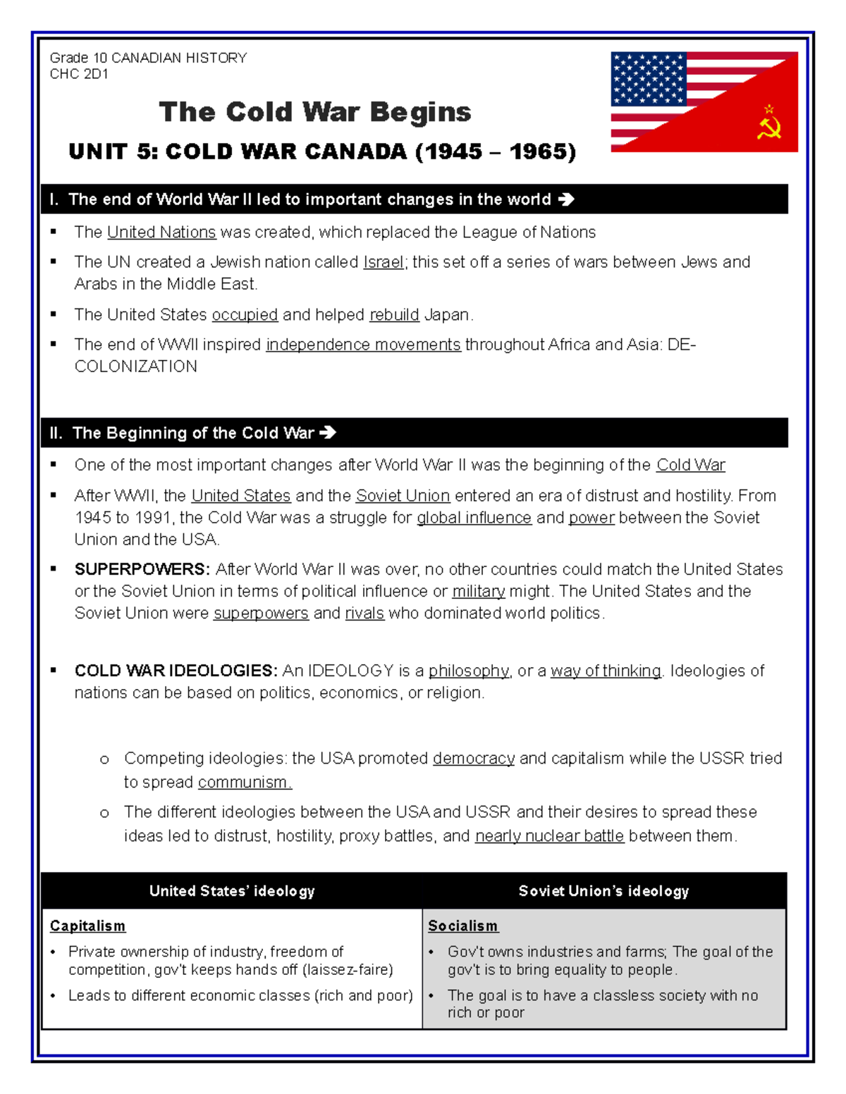 HO - Cold War Begins - grade 10 history note on the beginning of cold ...