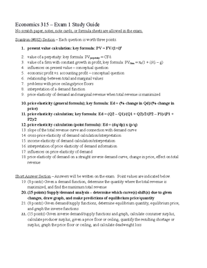 Econ 315 Final Exam Cheat Sheet - Market structure: Profits = Total ...
