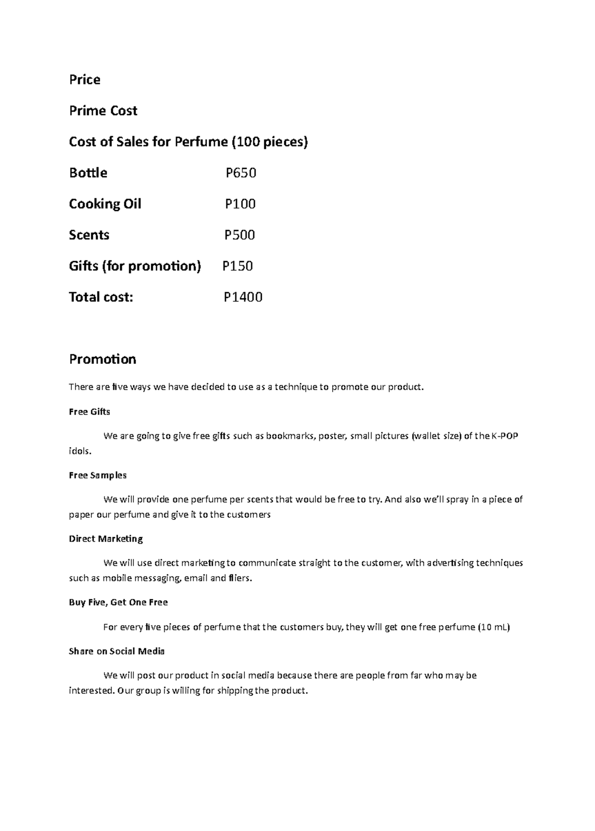 5 ways to promote the product 2 - Price Prime Cost Cost of Sales for ...