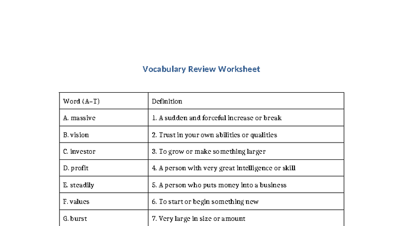 Unit 6 Vocabulary Review Worksheet: Word Definitions and Meanings - Studocu