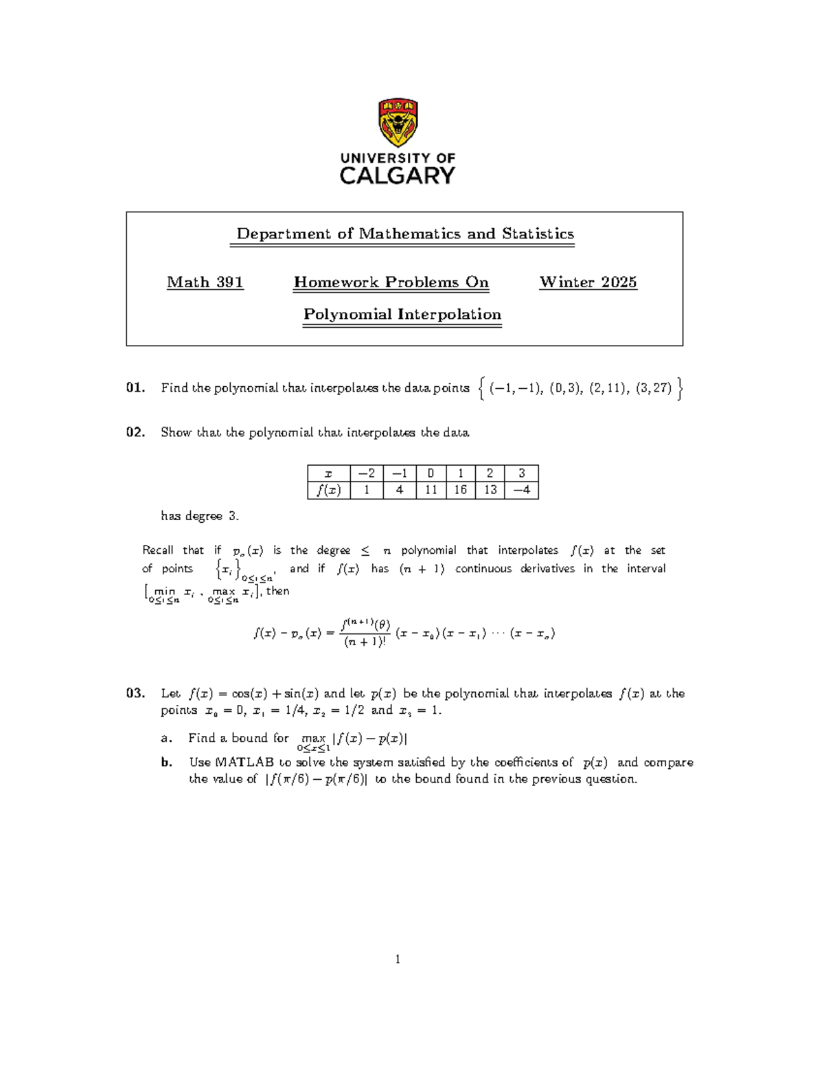 MATH 391 Polynomial Interpolation Homework Problems - Winter 2025 - Studocu