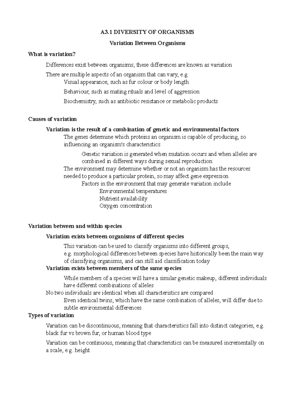 Biology Notes A3: Exploring Variation & Diversity of Organisms - Studocu