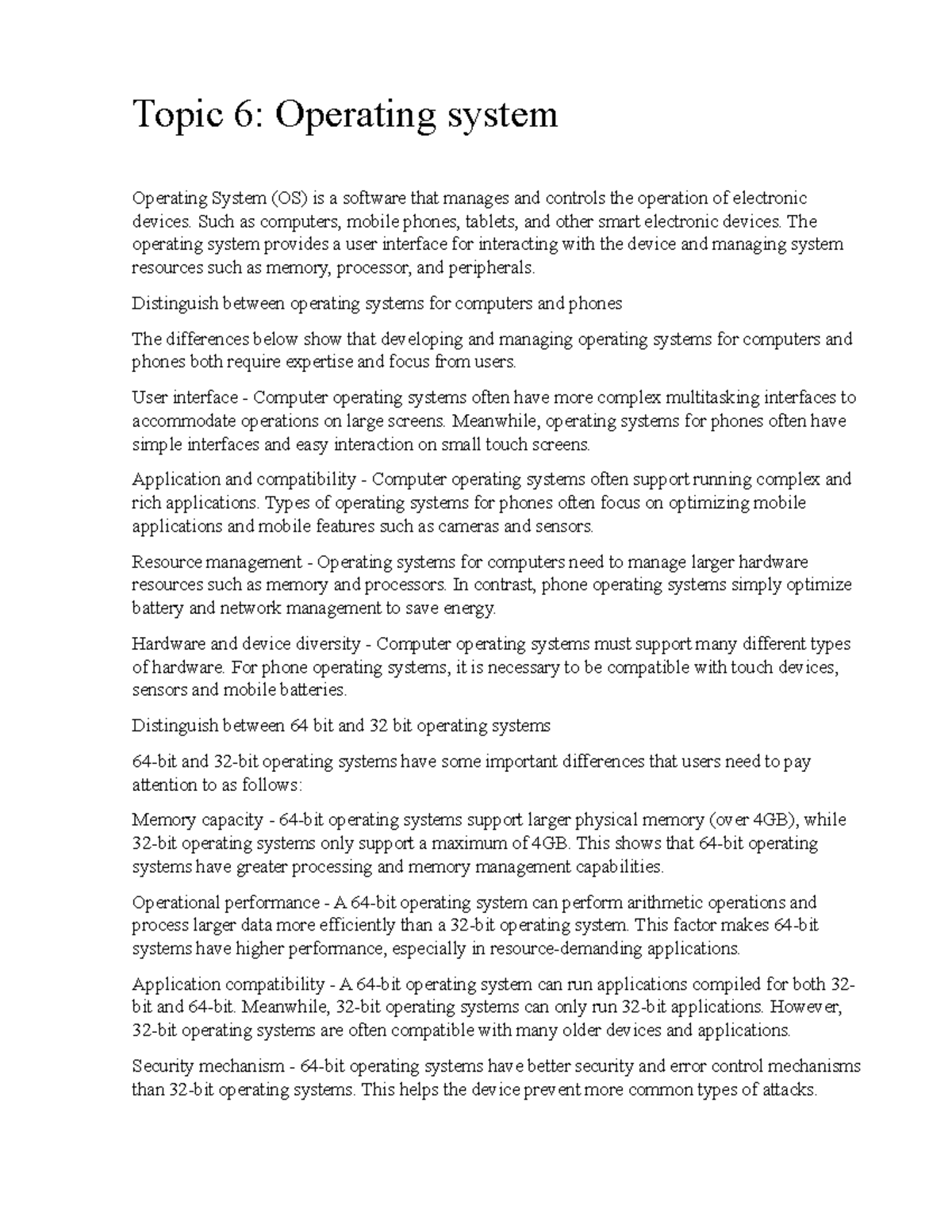 Topic 6: Overview of operating systems and their differences - Studocu