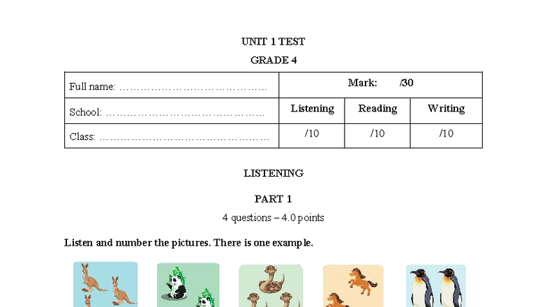 UNIT 1 TEST GRADE 4: Listening & Reading Assessment - Studocu