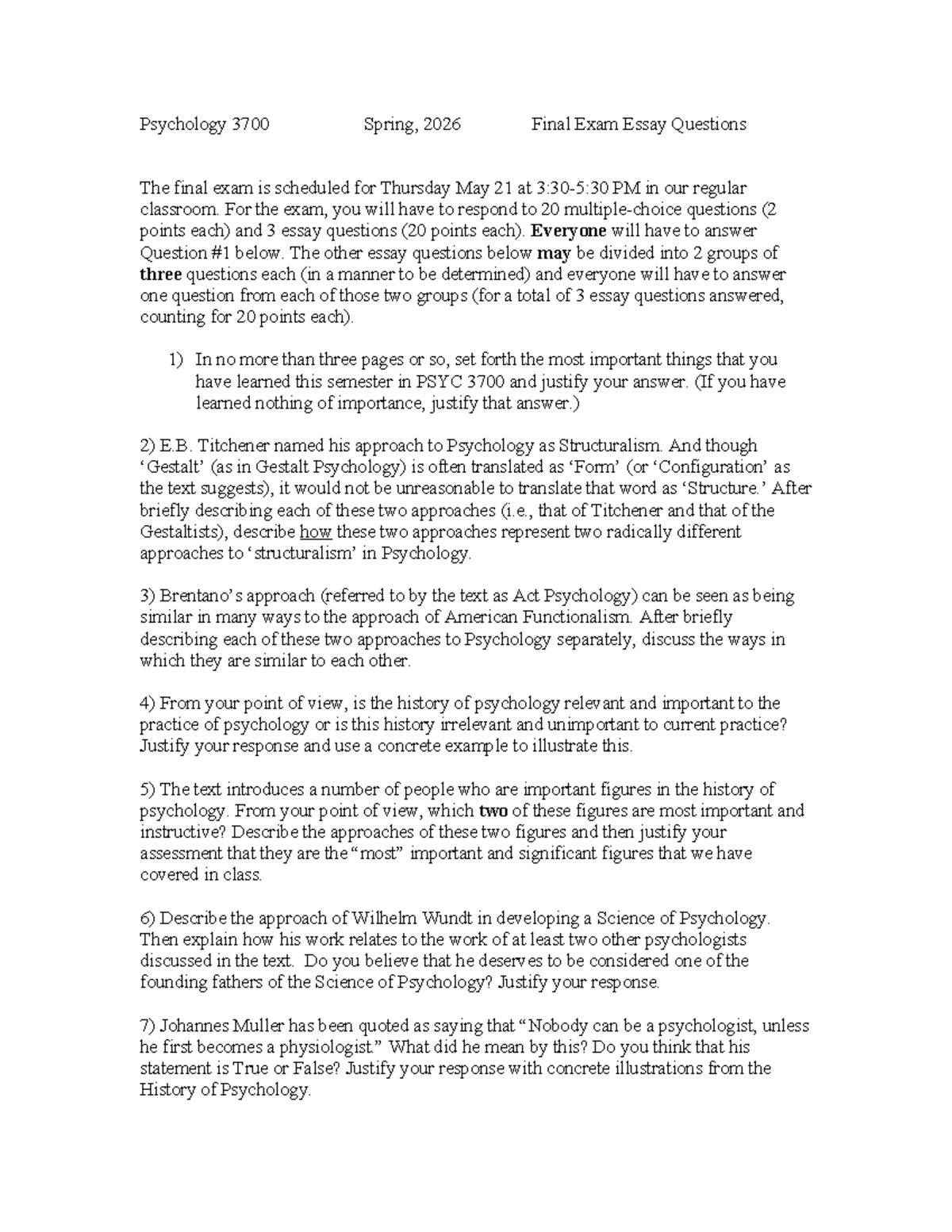 Psychology 3700 Spring 2026 Final Exam Essay Questions - Studocu
