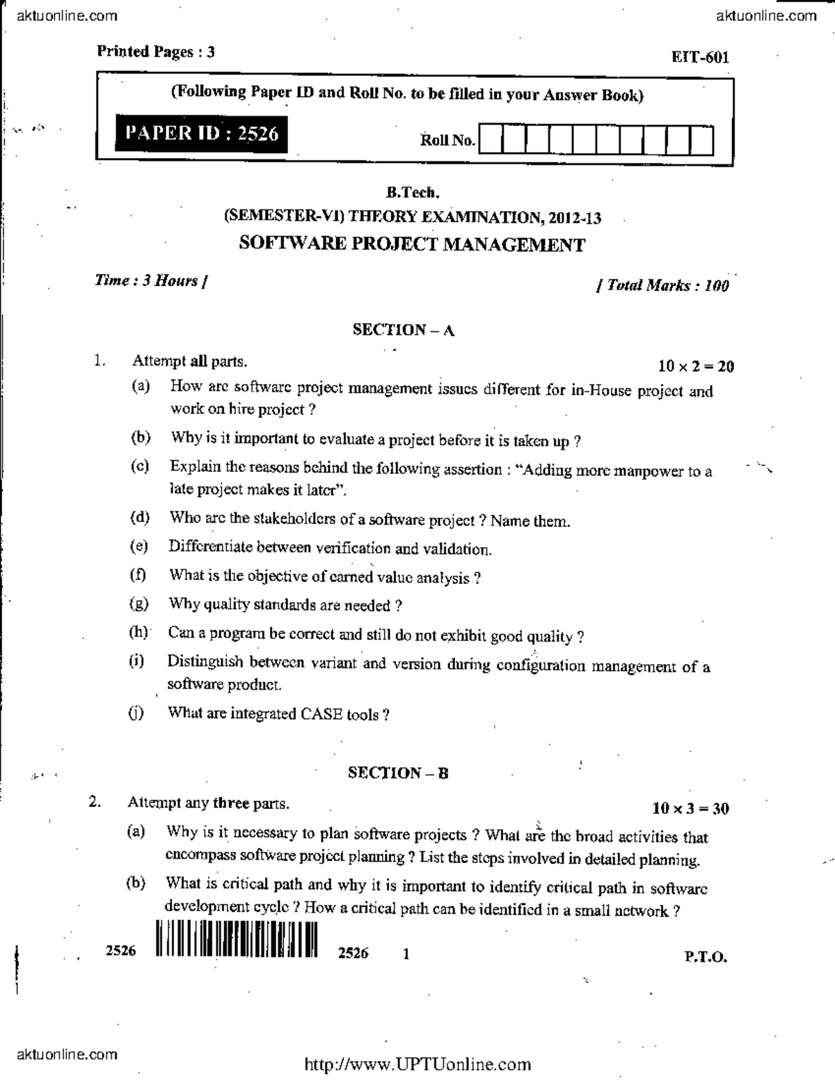 B.Tech IT 6 Sem Software Project Management EIT 601 Final Exam 2013 ...