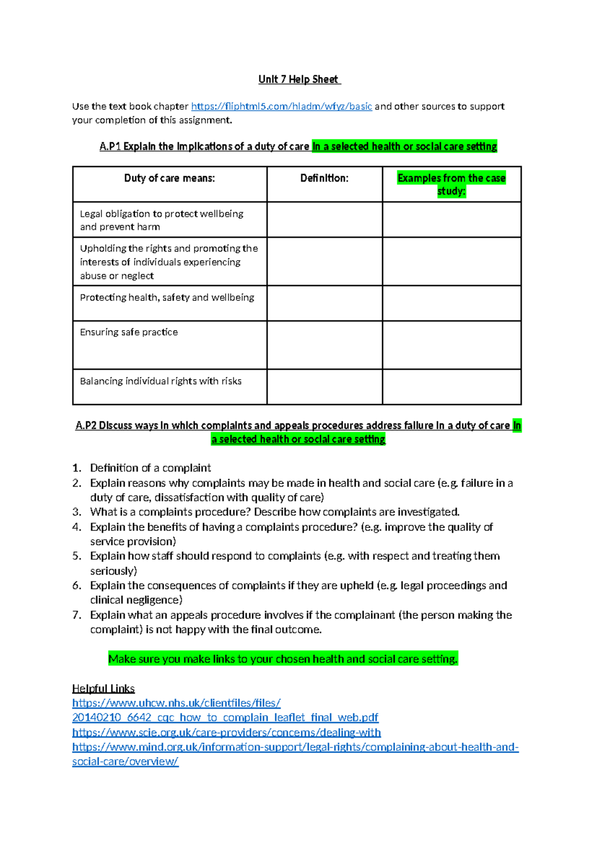 Unit 7 Help Sheet: Implications of Duty of Care in Health & Social Care ...