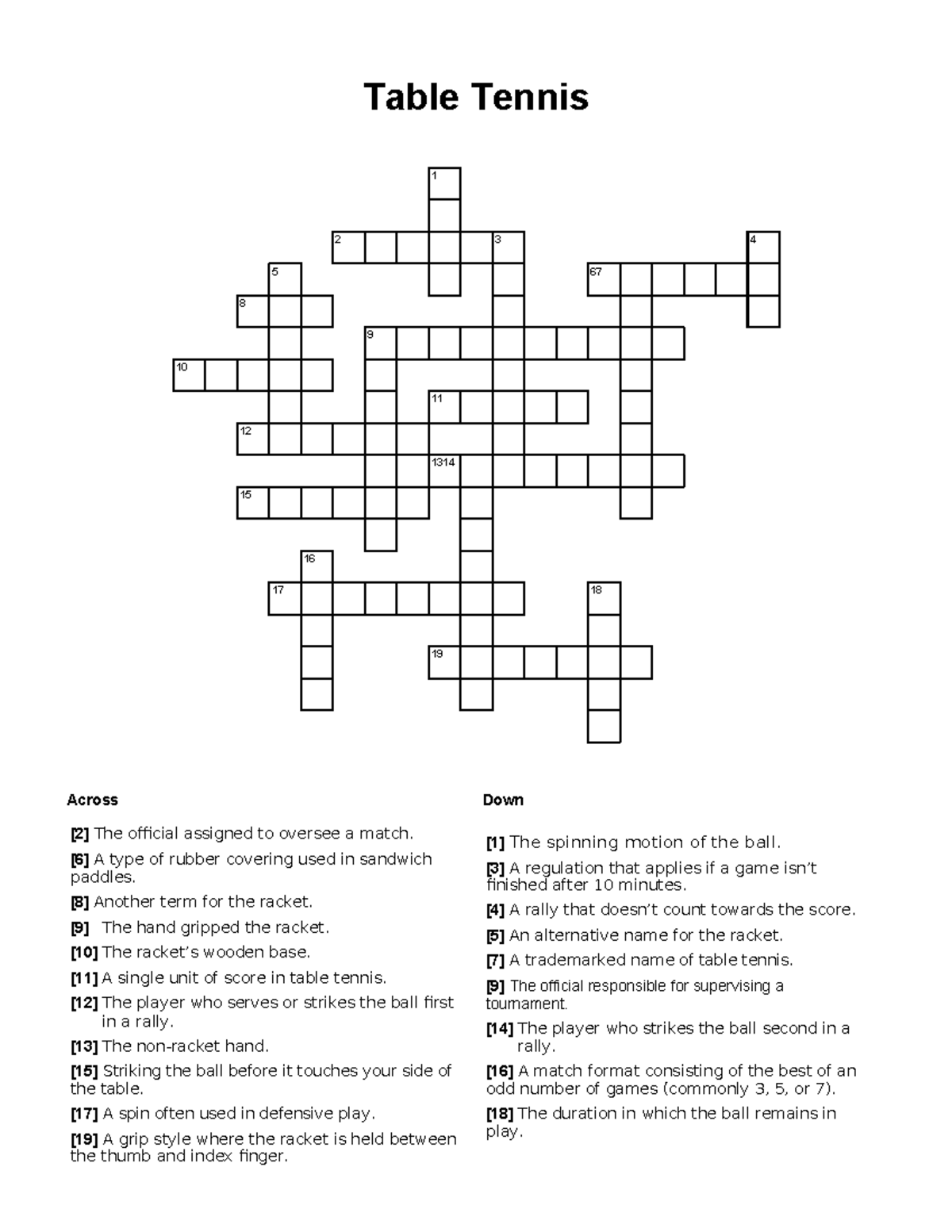 Table Tennis 1 Crossword Puzzle - Terms & Definitions - Studocu