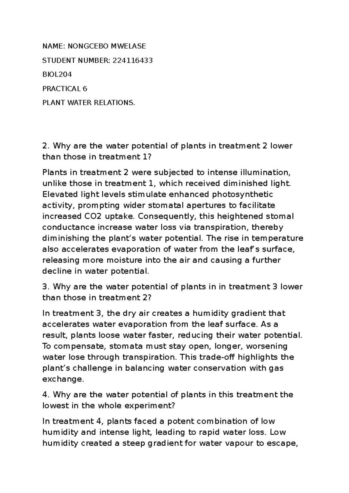 BIOL204 Practical 6: Plant Water Relations Analysis - Studocu