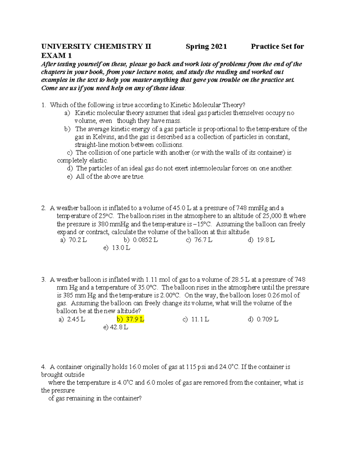Chemistry II Exam 1 Practice Set - Spring 2021 - Studocu