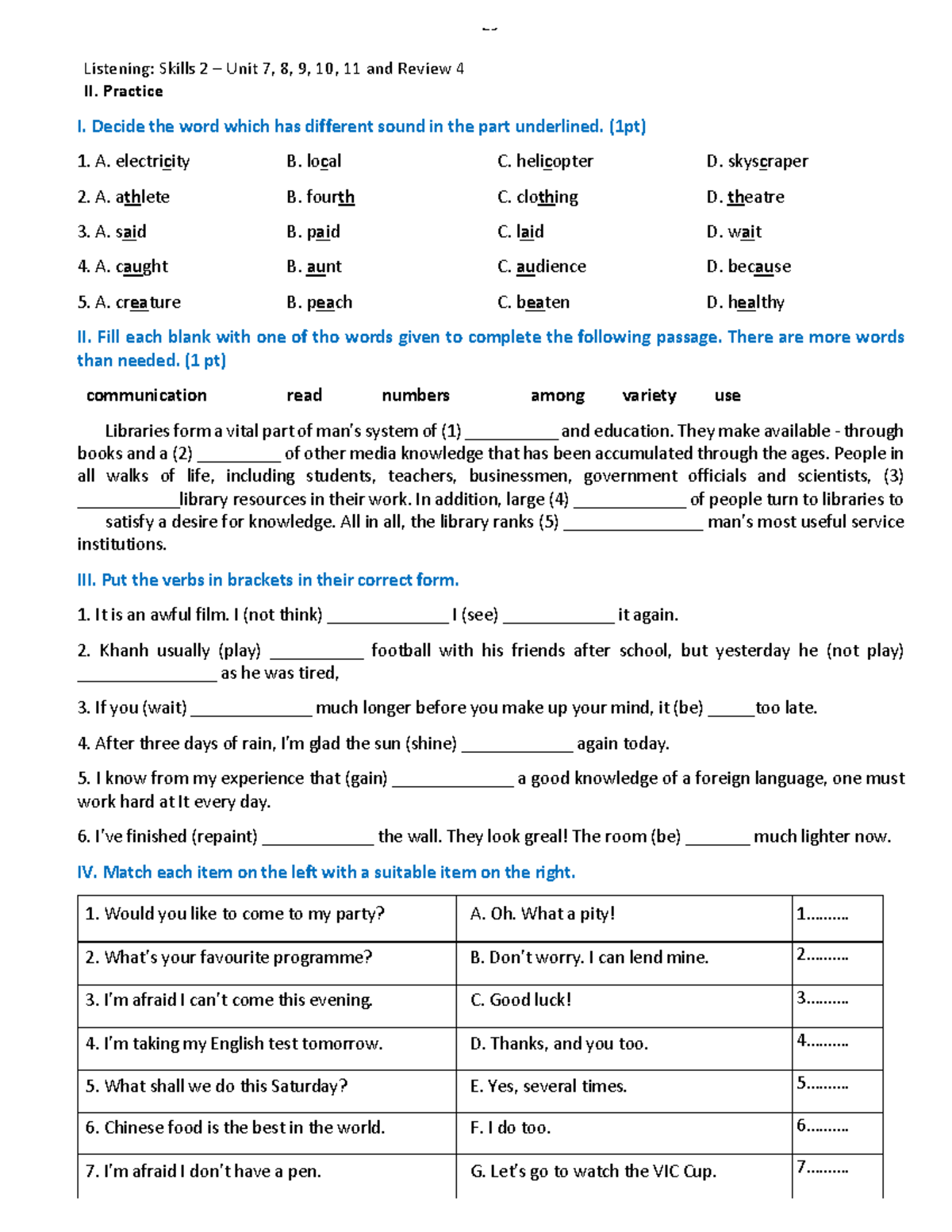Listening Skills 2: Units 7-11 & Review 4 Practice for Grade 6 - Studocu