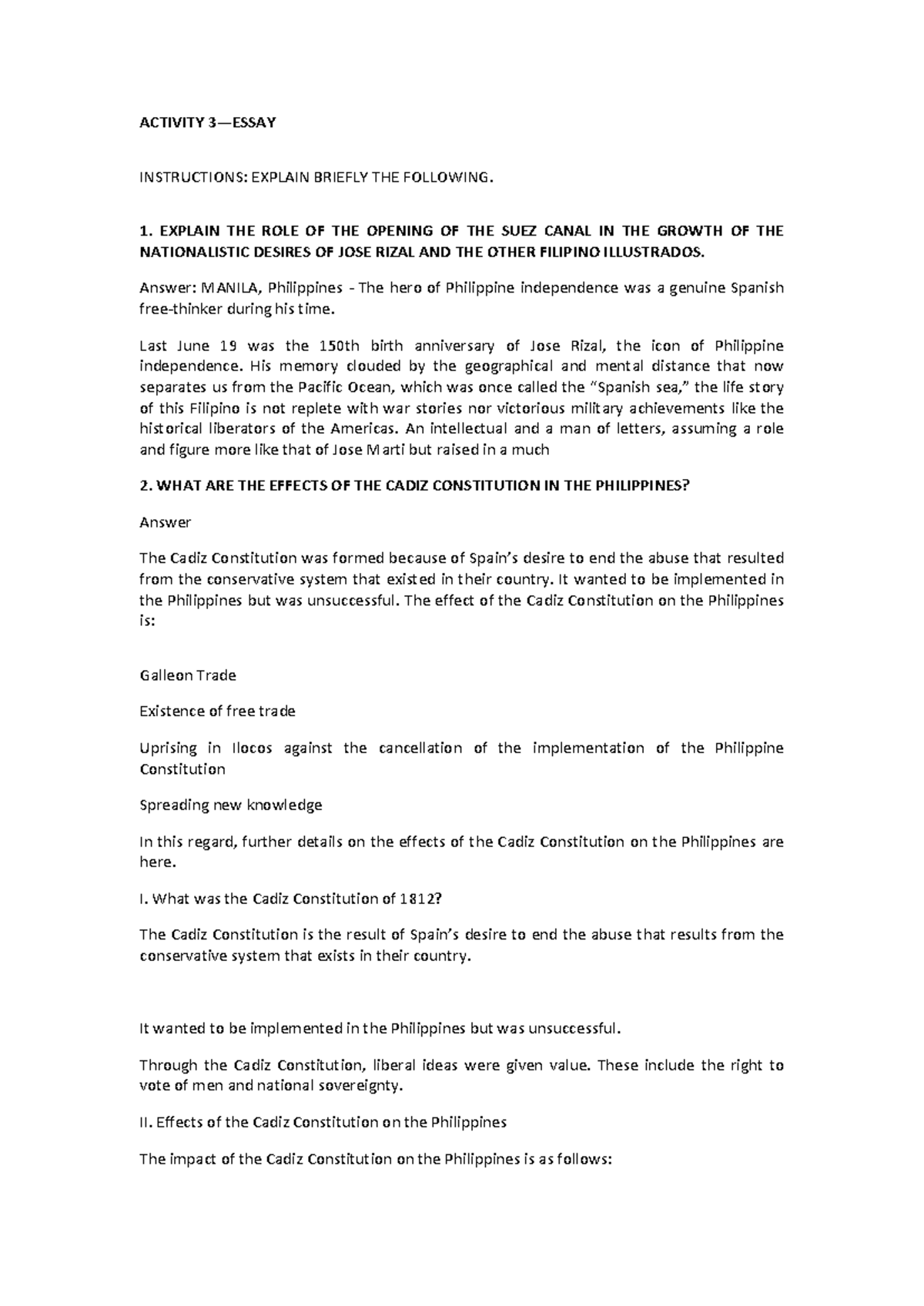 Activity 3 - Essay on Rizal's Influence and Historical Context - Studocu