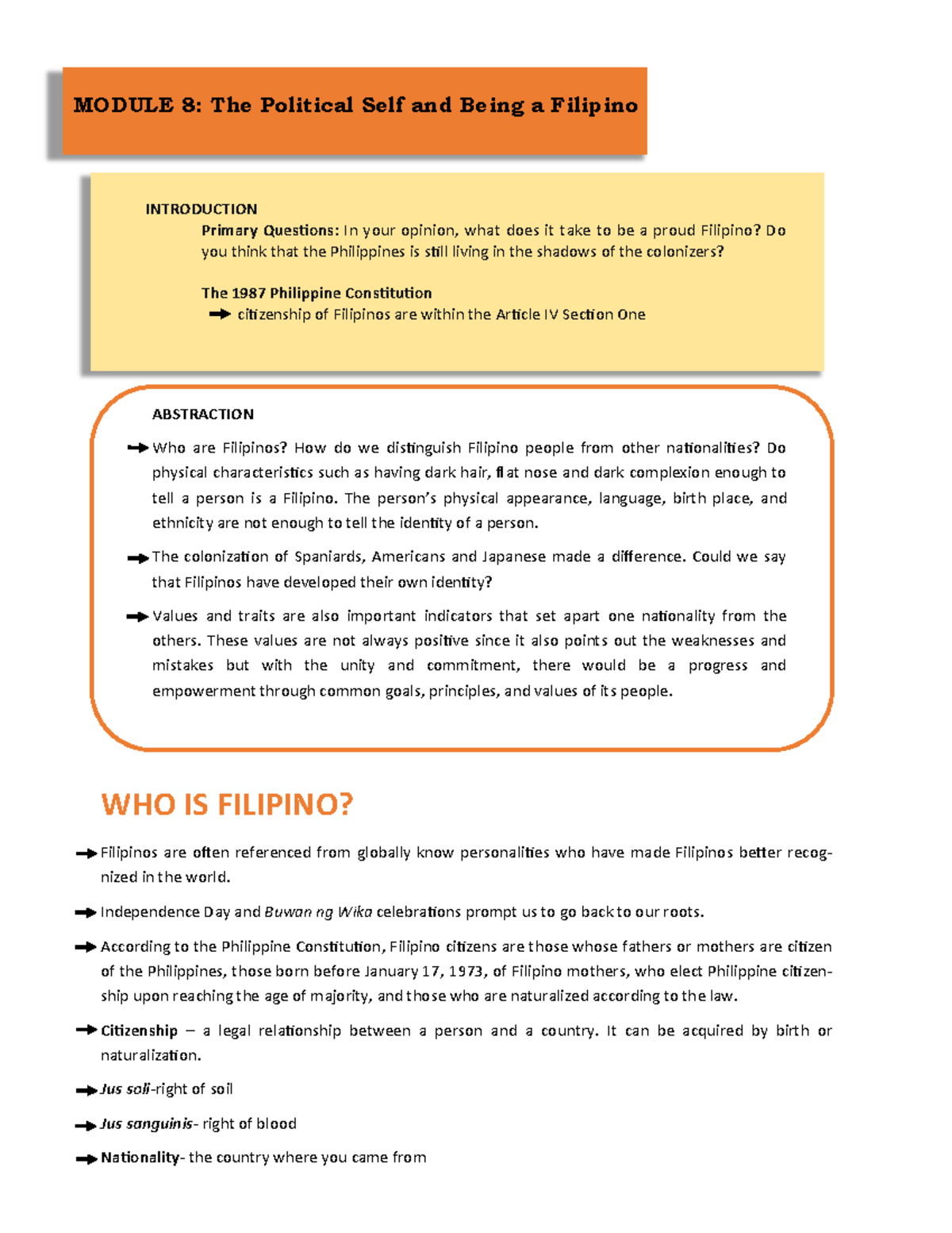 Module 8: Exploring the Political Self and Filipino Identity - Studocu