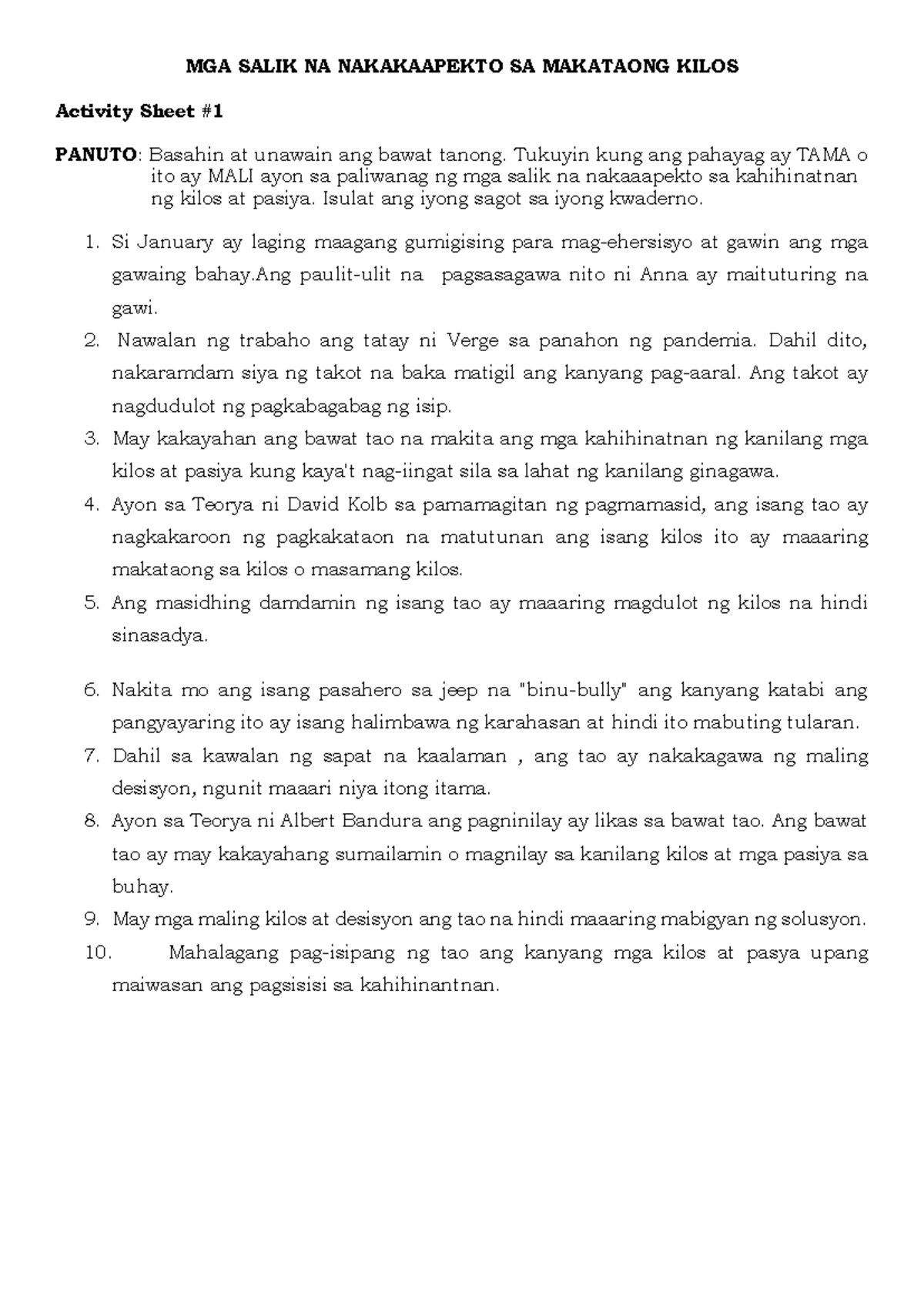 LAS MGA Salik na Nakakaapekto sa Makataong Kilos Activity Sheet - Studocu