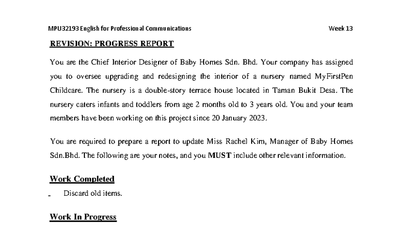 MPU32193 English for Professional Communications Week 13: Progress Report - Studocu