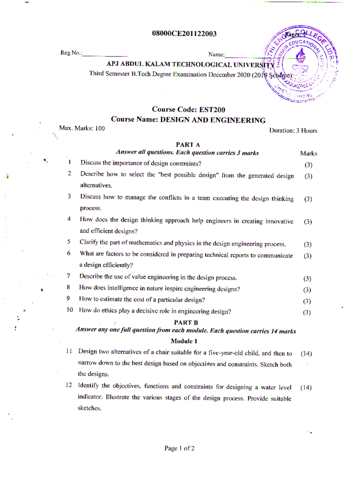 EST200 Design AND Engineering, December 2020 - 08000cE Reg No.: APJ ...