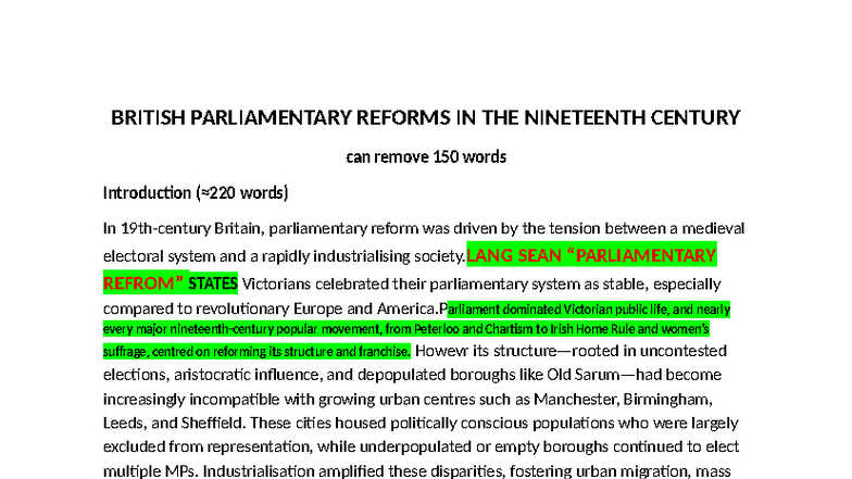 BRITISH PARLIAMENTARY REFORMS IN THE 19TH CENTURY: A STUDY - Studocu