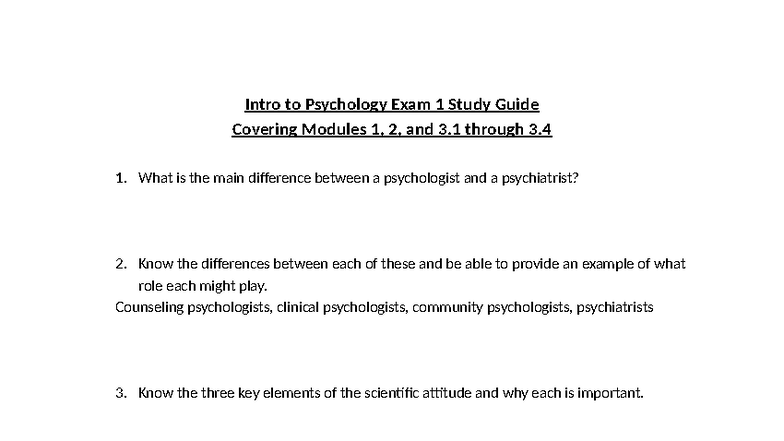 Intro to Psychology PSY101 Exam 1 Study Guide: Modules 1-3.4 - Studocu