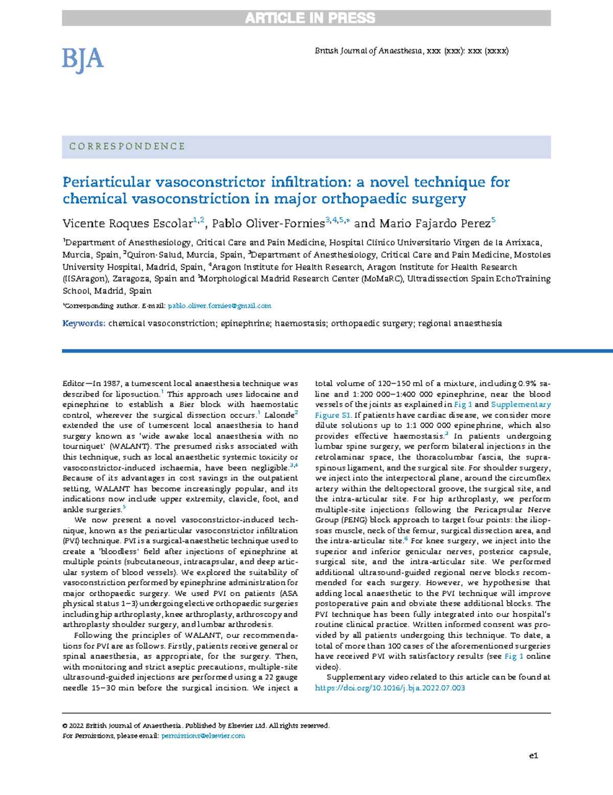 Periarticular Vasoconstrictor Infiltration (PVI) in Major Orthopaedic ...