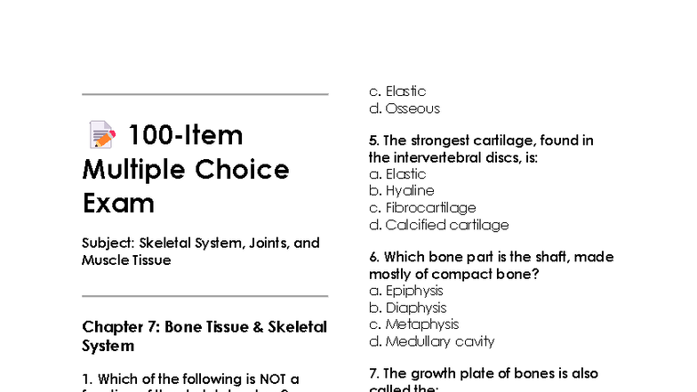 Skeletal System & Muscle Tissue MCQ Practice Exam (BIO 101) - Studocu
