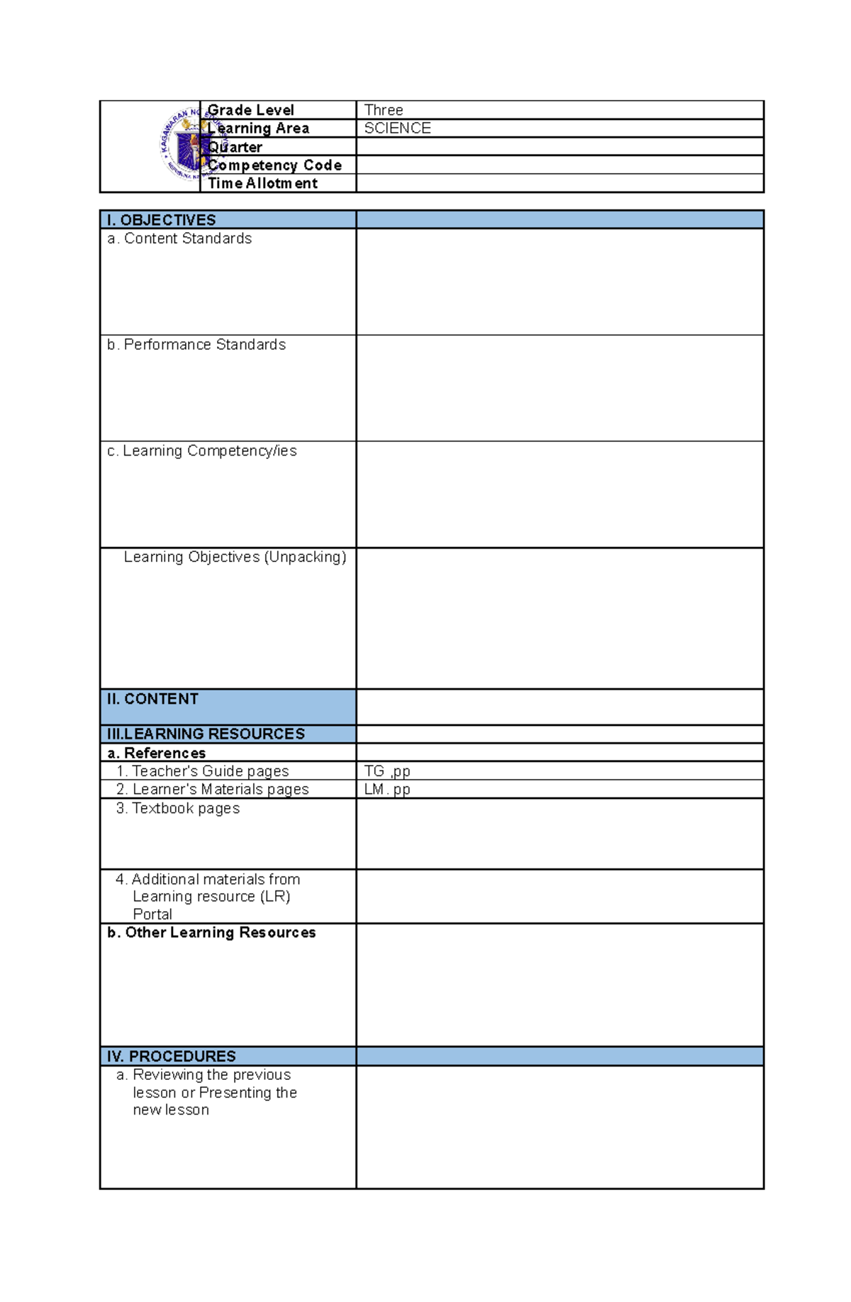 Lesson Plan Template for DLP Science 3 - Detailed Guide - Studocu