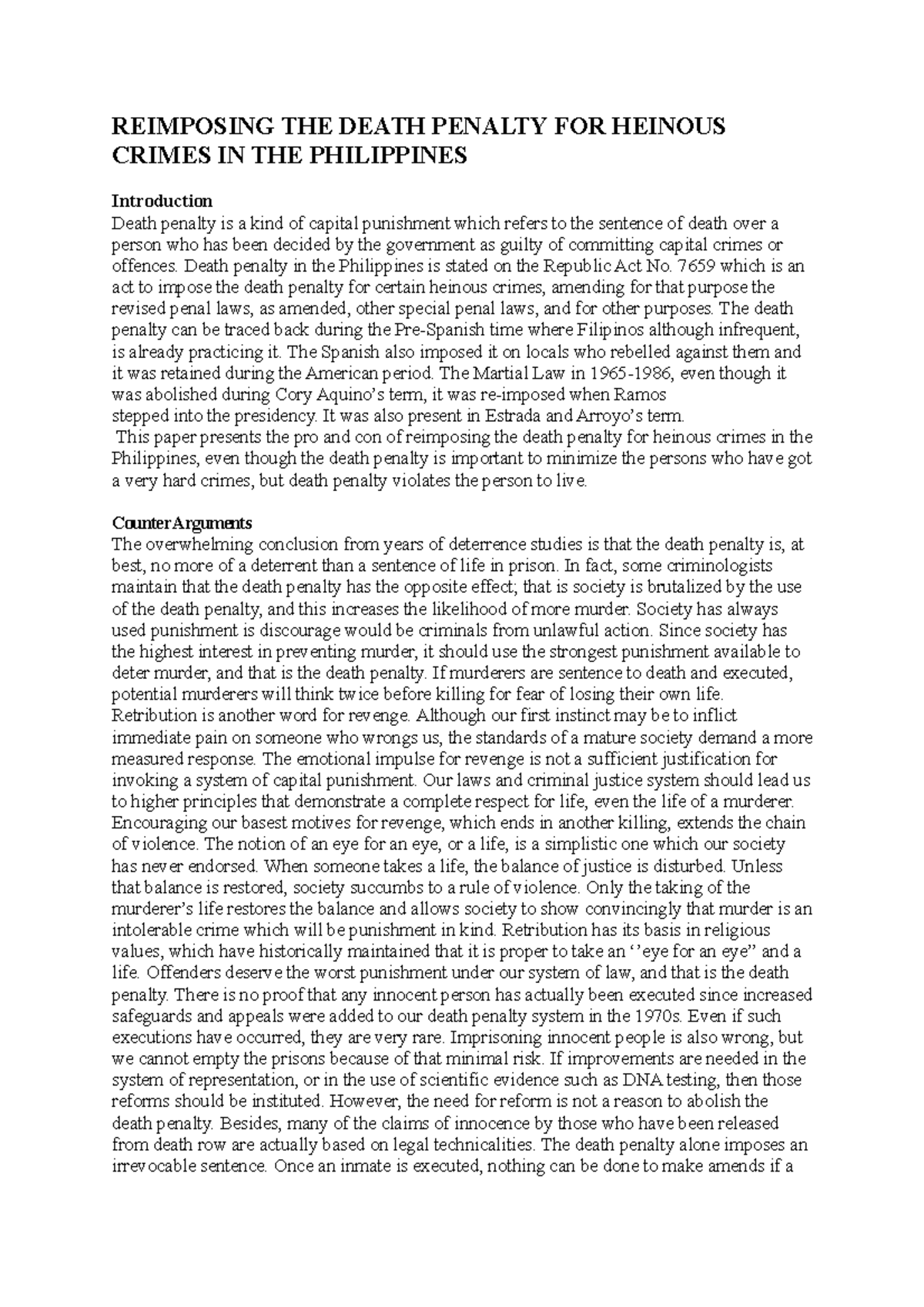 Reimposing THE Death Penalty FOR Heinous Crimes IN THE Philippines ...