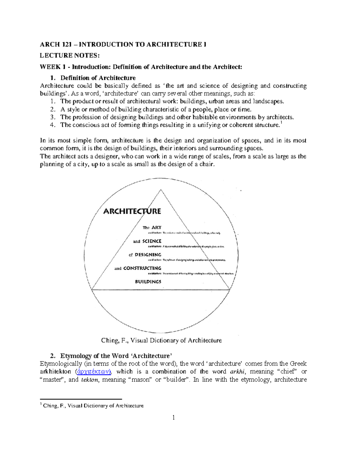 ARCH 121: Week 1 Lecture Notes on Introduction to Architecture - Studocu