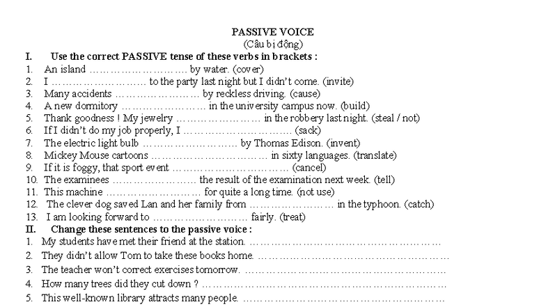 Passive Voice Exercises (Câu bị động) - Homework - Studocu