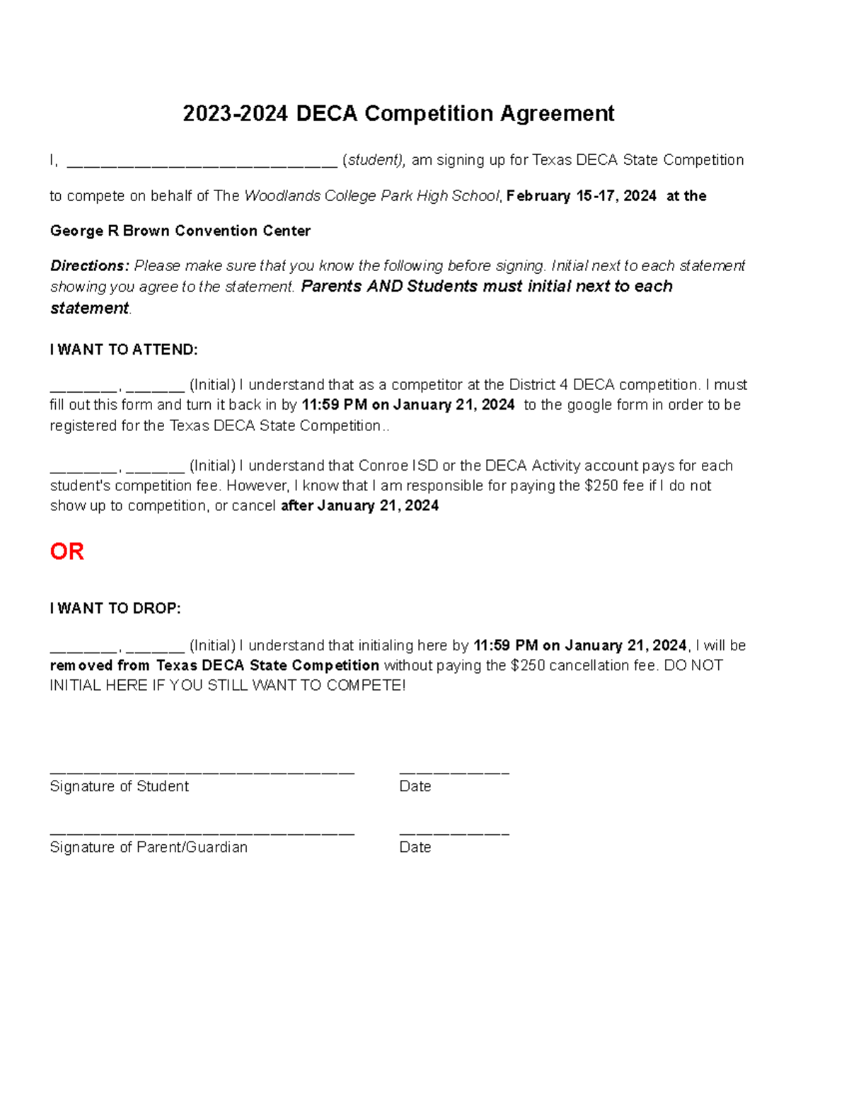 2024 DECA State Competition Agreement for The Woodlands High School ...