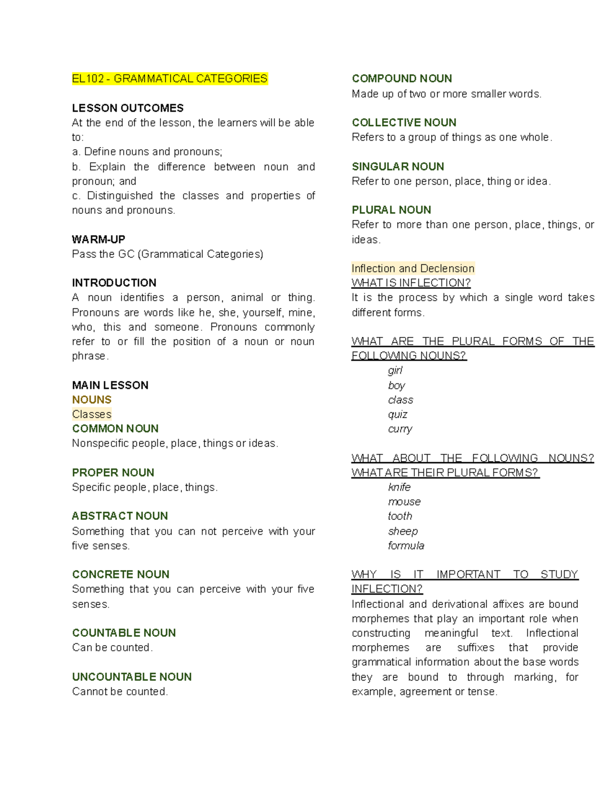 EL102 - Understanding Nouns and Pronouns in Grammar Lessons - Studocu