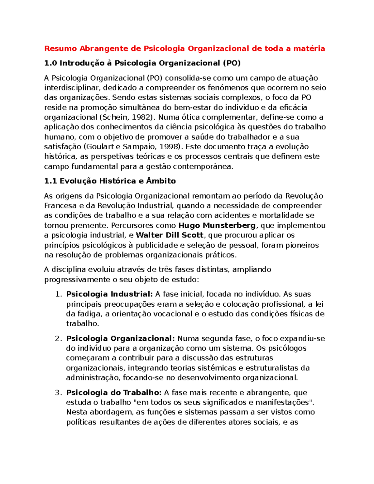 Resumo Abrangente de Psicologia Organizacional (PO) - Matéria 1.0 - Studocu