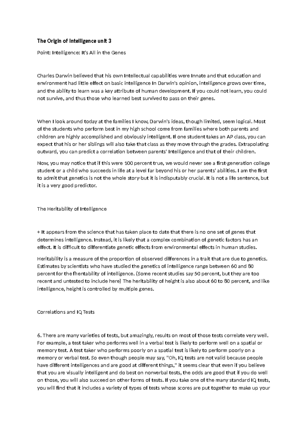 The Origin of Intelligence: Unit 3 Insights on Genetics and Environment ...