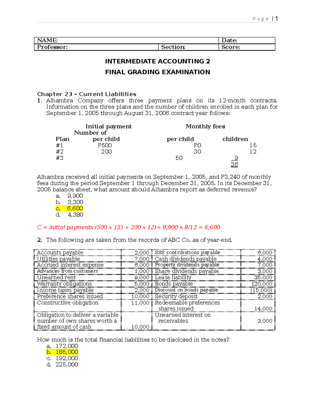 Intermediate Accounting 2 Final Exam Answer Keys and Solutions - Studocu