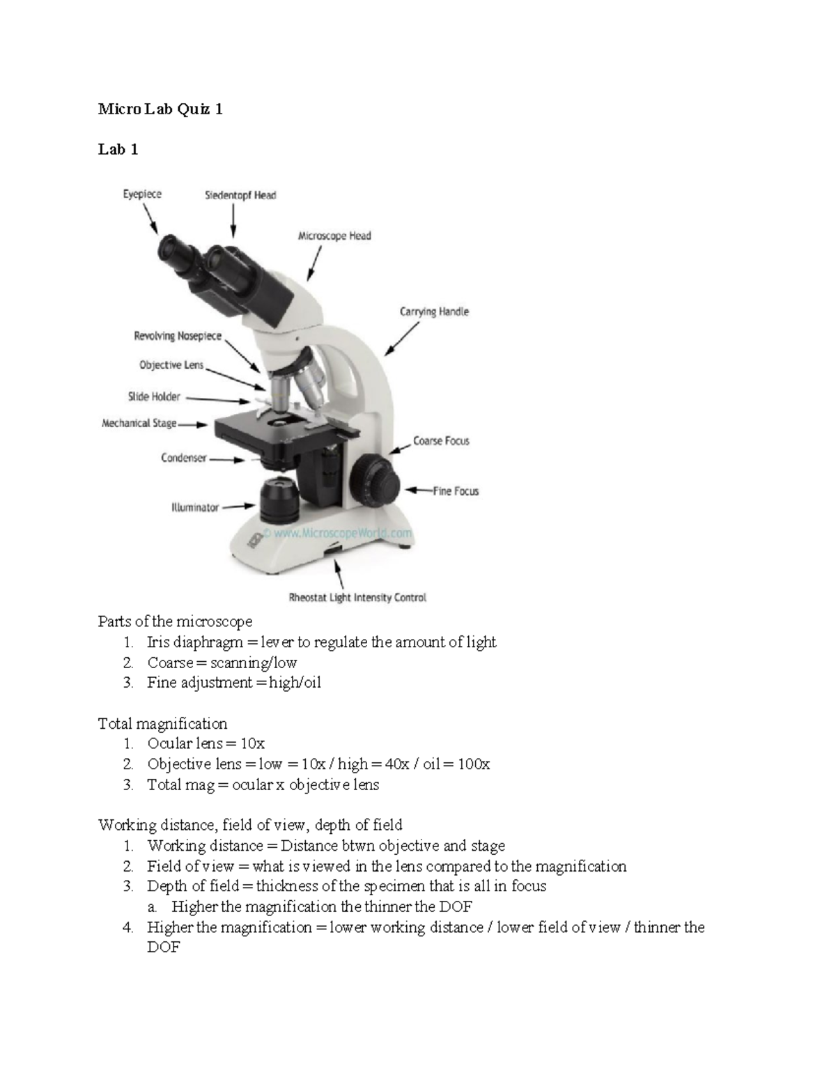 Micro Lab Quiz 1 - Parts of the Microscope & Growth Media - Studocu