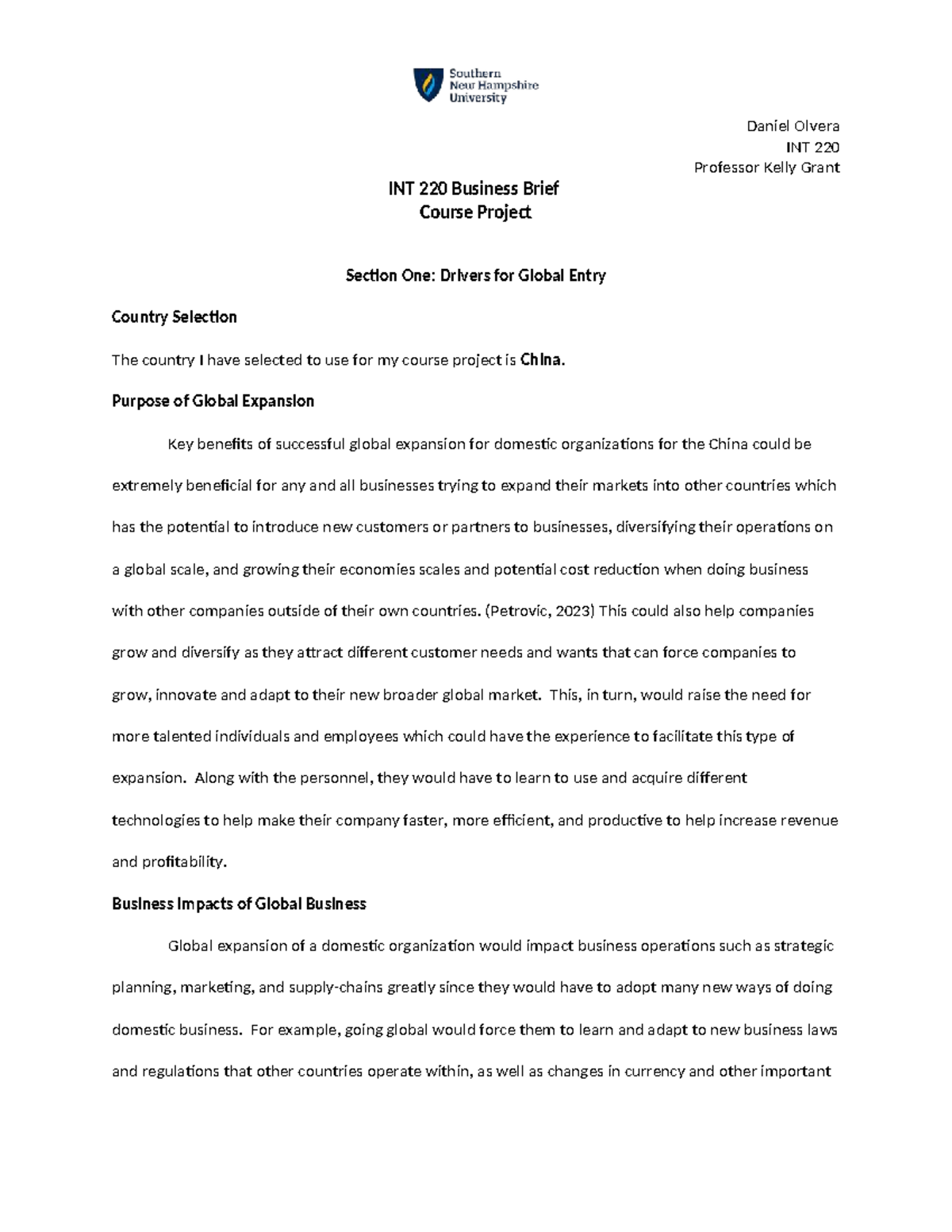 INT 220 Business Brief Milestone 1 - Daniel Olvera INT 220 Professor ...
