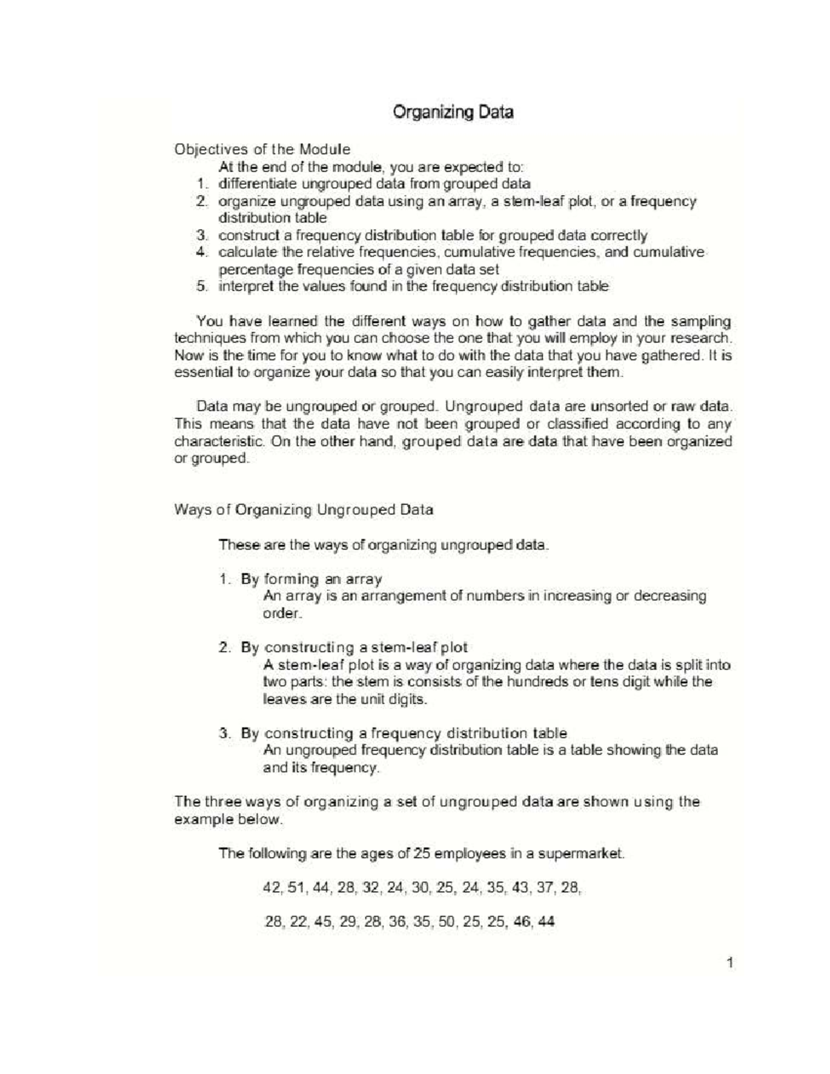 Module 1 - EDA: Organizing Ungrouped and Grouped Data Techniques - Studocu