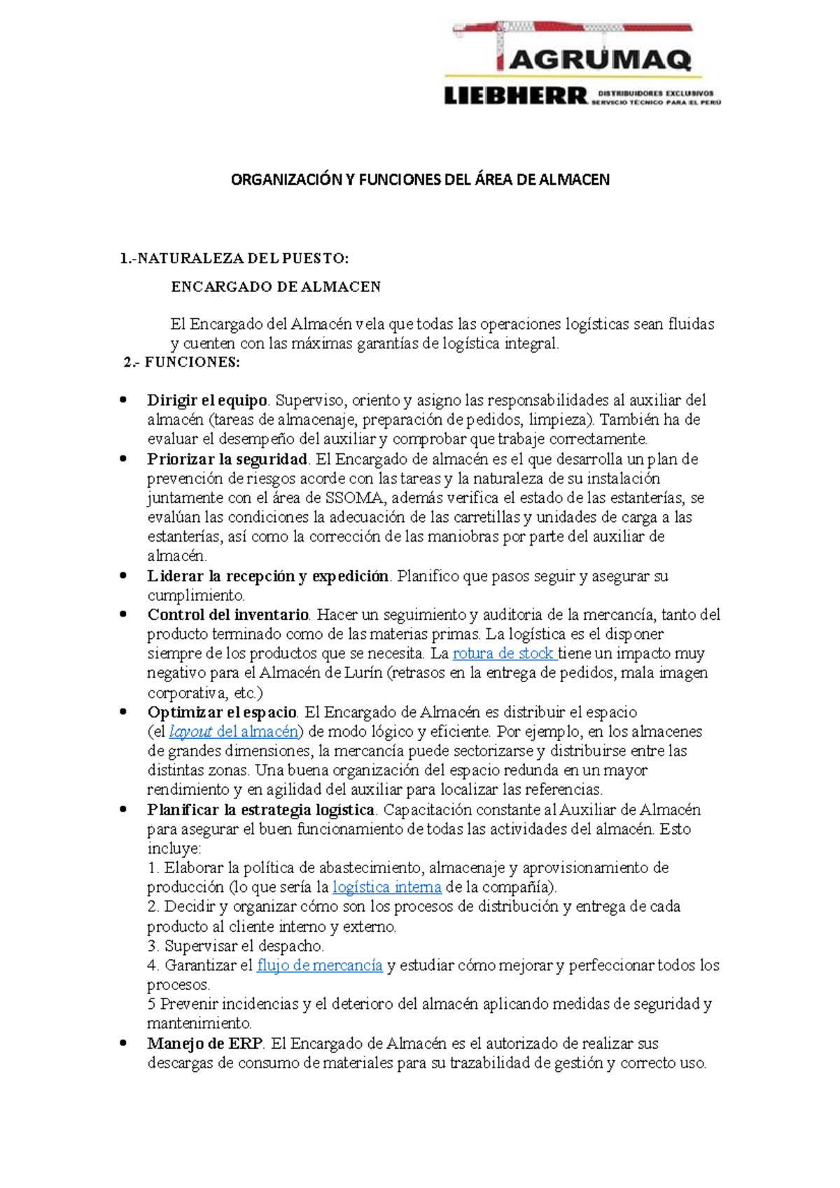 Esquema de Funciones del Encargado de Almacén en Logística - Studocu