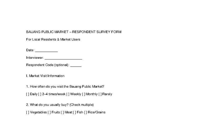 BAUANG PUBLIC MARKET RESPONDENT SURVEY FORM - EXAMPLE - Studocu