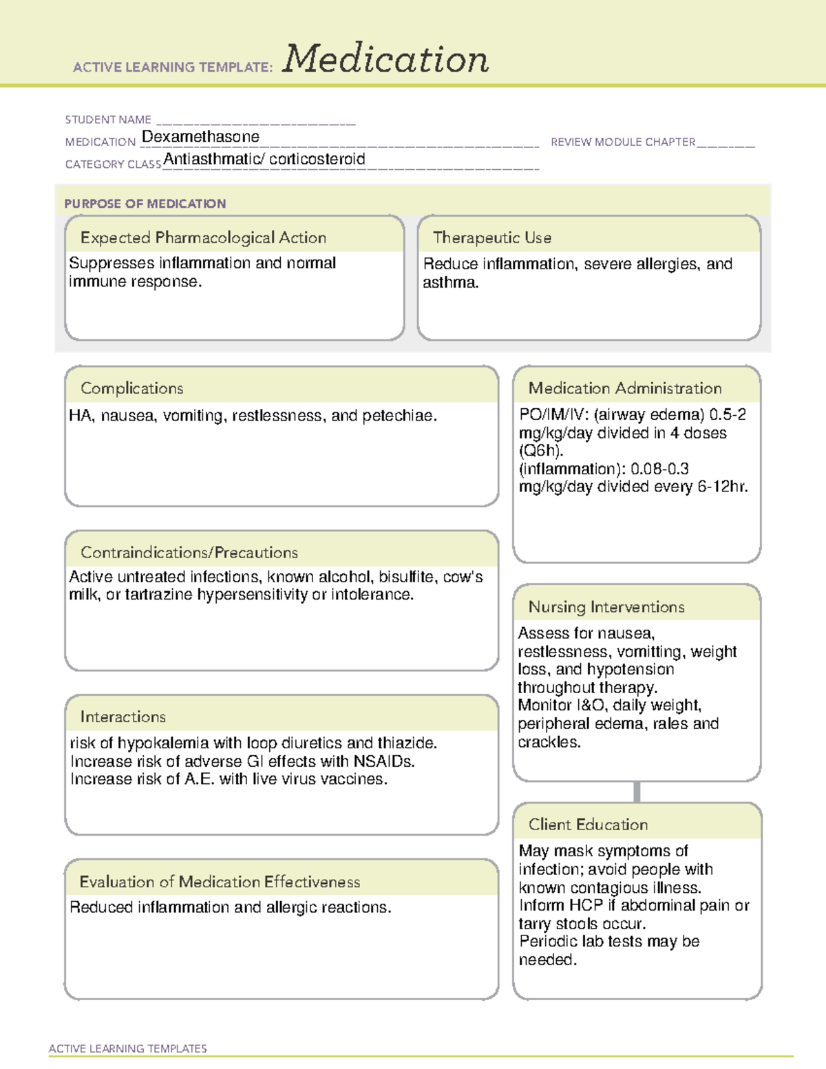 Dexamethasone Med Card - Active Learning Template Notes - Studocu