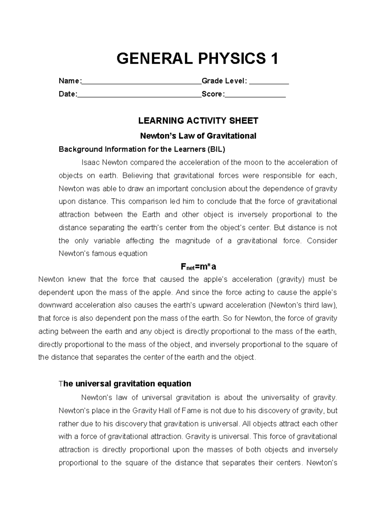 GENERAL PHYSICS 1: Learning Activity on Universal Gravitation - Studocu