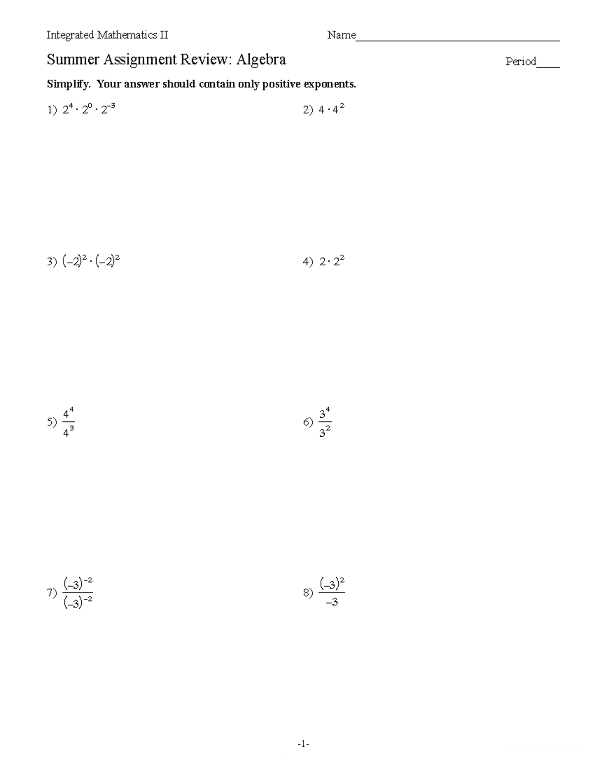 Summer Assignment Review: Integrated Math II - Algebra - Studocu