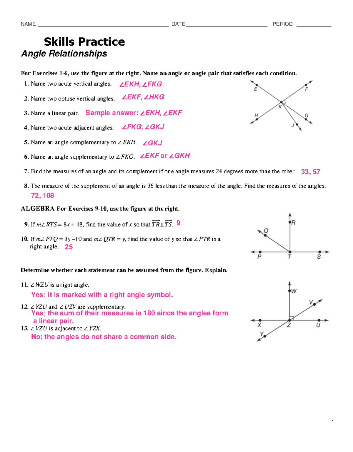 Chapter 1: Skills Practice on Angle Relationships (Geometry) - Studocu
