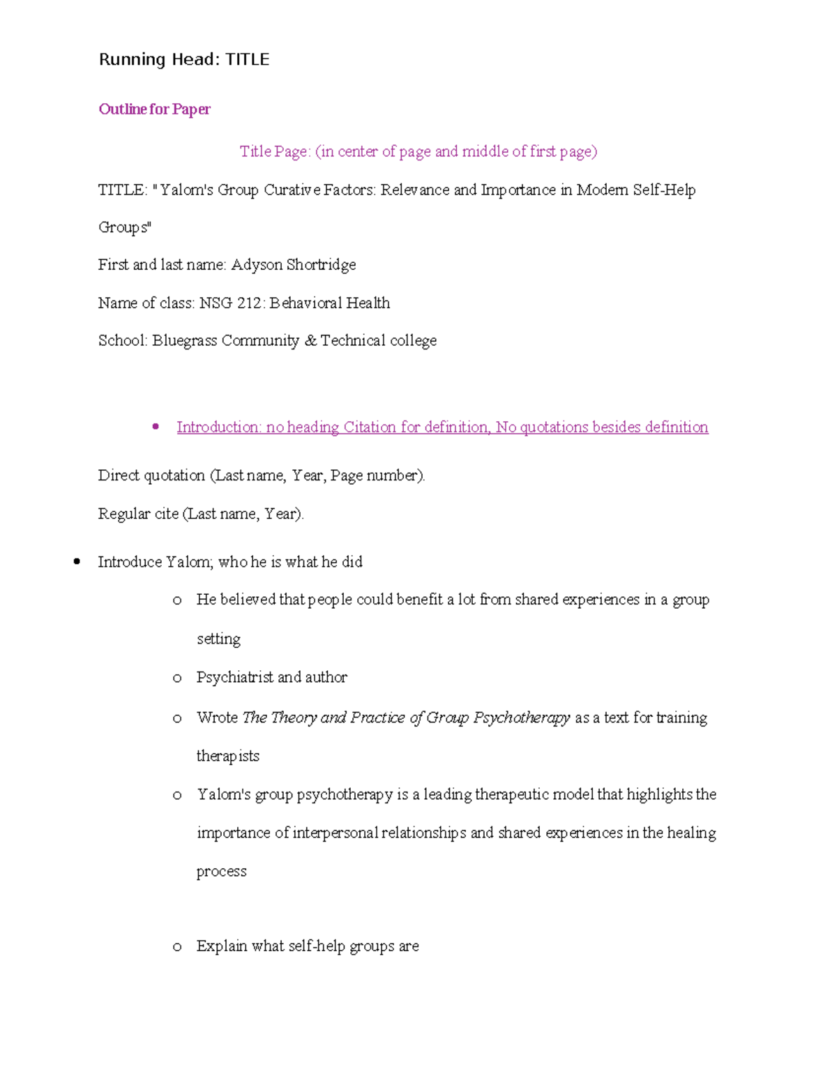 Self Help Essay Outlinw - Running Head: TITLE Outline for Paper Title ...