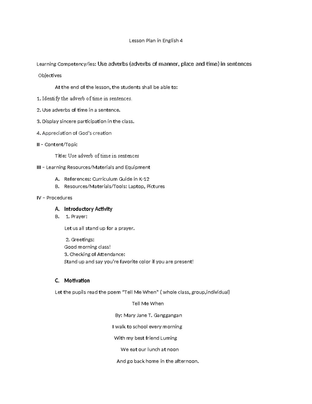 English 4 Lesson Plan: Using Adverbs of Time in Sentences - Studocu