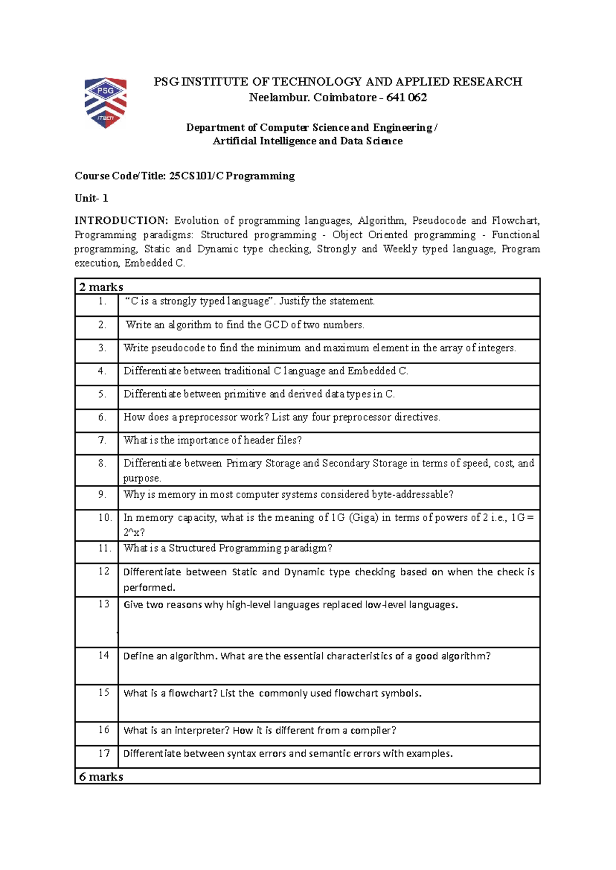 Question Bank for 25CS101: C Programming Concepts and Applications ...