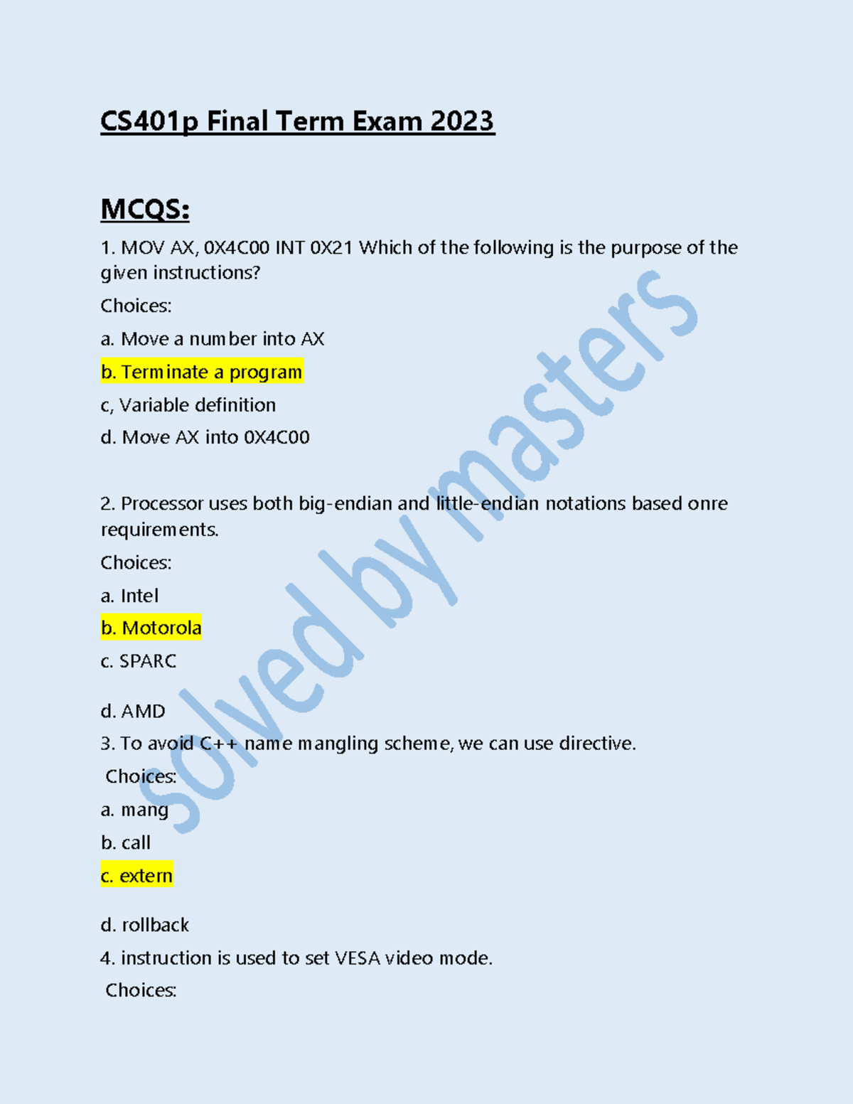 CS401P Final Term Exam Current Paper Sample Questions 2023 - Studocu