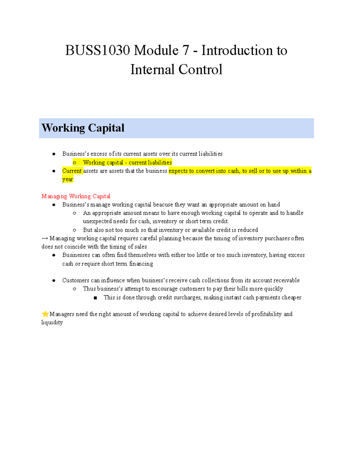 BUSS1030 Module 7 Lecture Notes on Internal Control & Working Capital ...