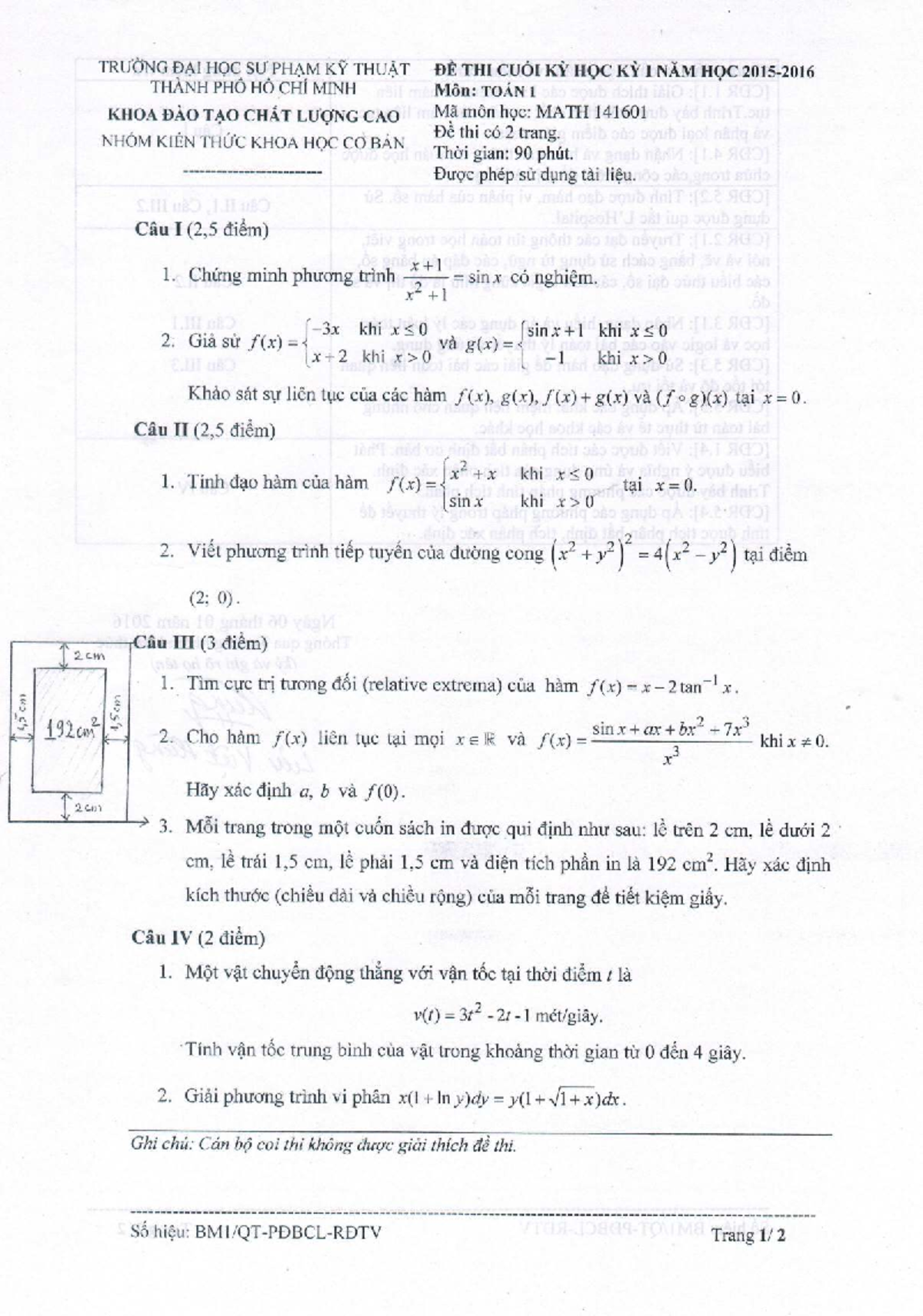 Đề Thi Cuối Kỳ Môn Toán 1 MATH 141601 - Ôn Tập - Studocu