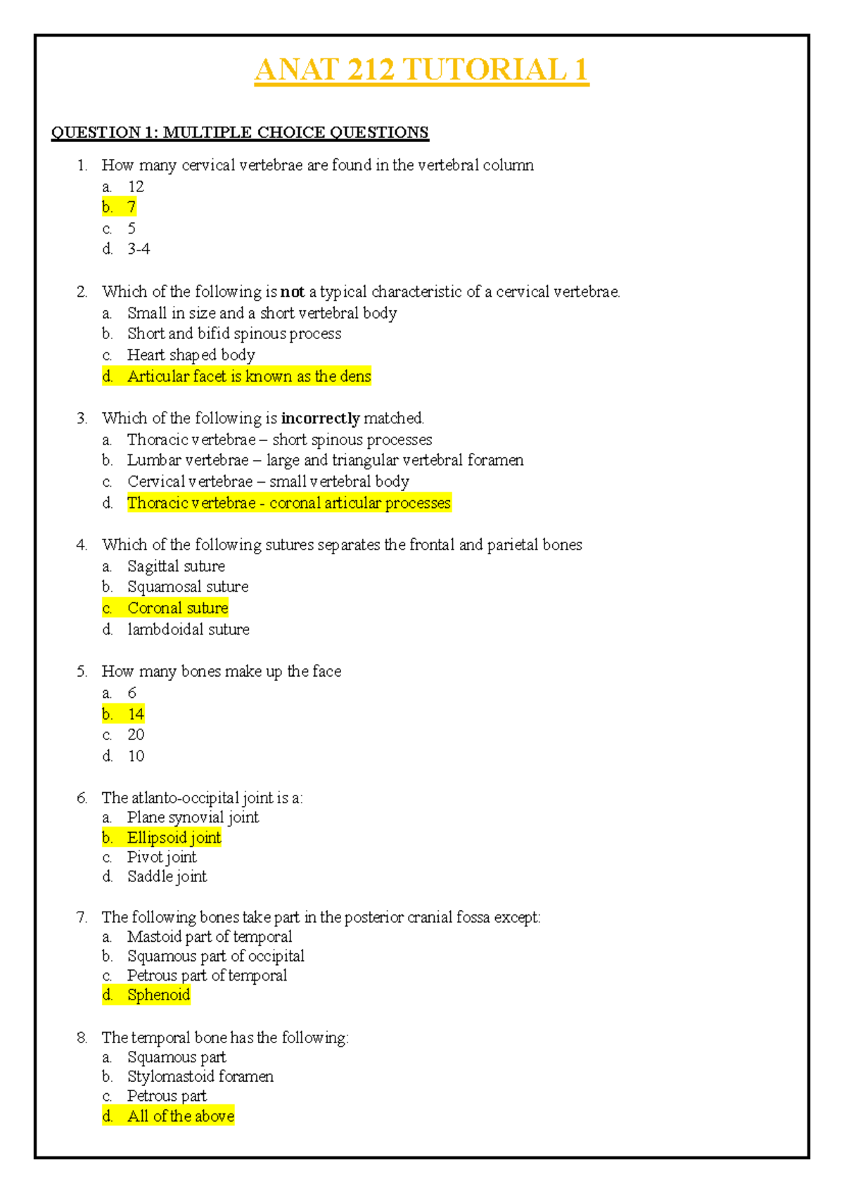 ANAT 212 TUTORIAL 1: MULTIPLE CHOICE & MATCHING QUESTIONS - Studocu